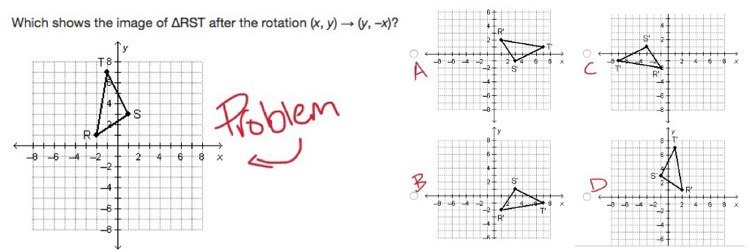Which shows the image of ΔRST after the rotation (x, y) → (y, –x)?